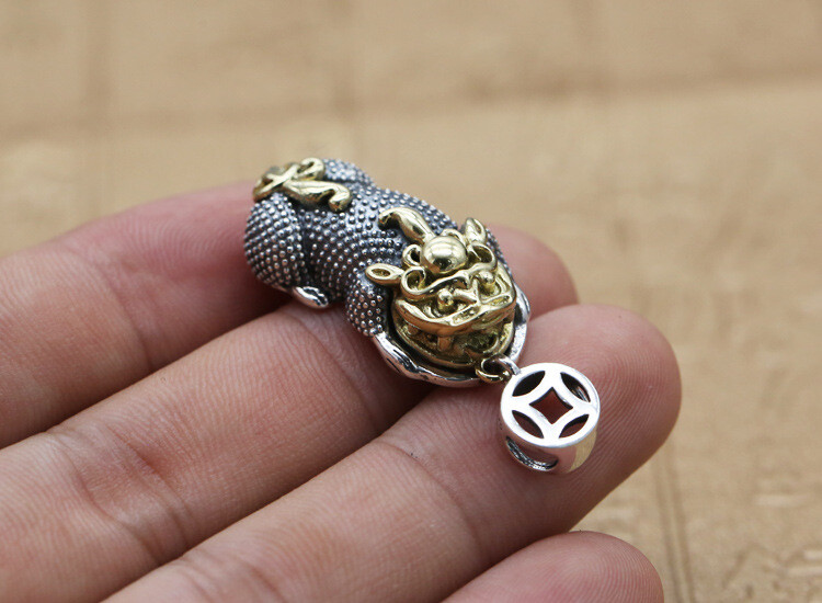 S925 Silver PIXIU Pendant GOLD ACCENTS Feng Shui Wealth Amulet Two-Tone ...