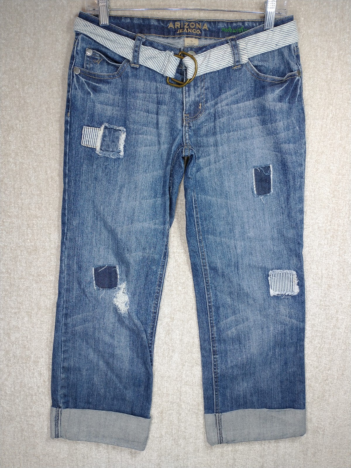 Arizona Patches Embellished Cuffed Crop Jeans Sz 5 Lo Rise Recycled ...