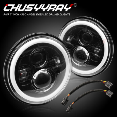 For Classic Mini Austin Rover 2x 7" Round Black LED Headlights Halo Hi ...