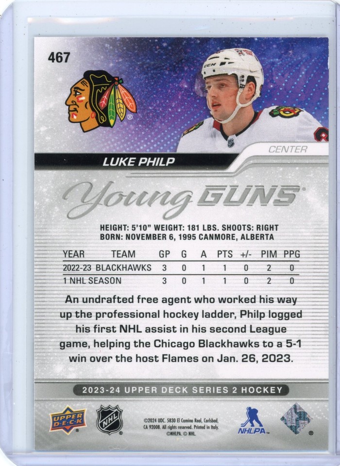 2023-24 Upper Deck Luke Philp Young Guns Rookie Silver Outburst -Chi ...