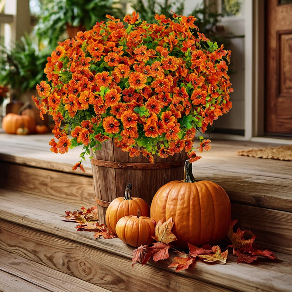 Artificial Fall Flowers Outdoor Fake Mums - 16 Bundles Fake Plants UV ...