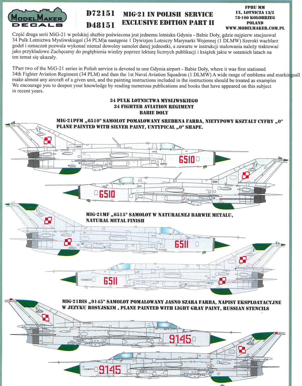 Model Maker Decals 1/48 MiG-21 in POLISH SERVICE EXCLUSIVE EDITION PART ...