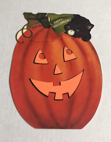 VINTAGE HALLOWEEN GREETING CARD HAPPY HALLOWEEN BLACK CAT JACK O ...