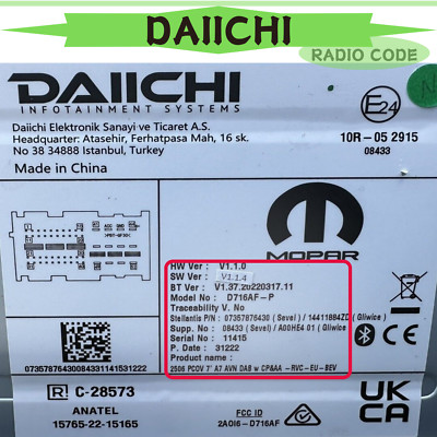 DAIICHI Radio Code For PEUGEOT BOXER LANCIA YPSILON FIAT FIORINO QUBO ...