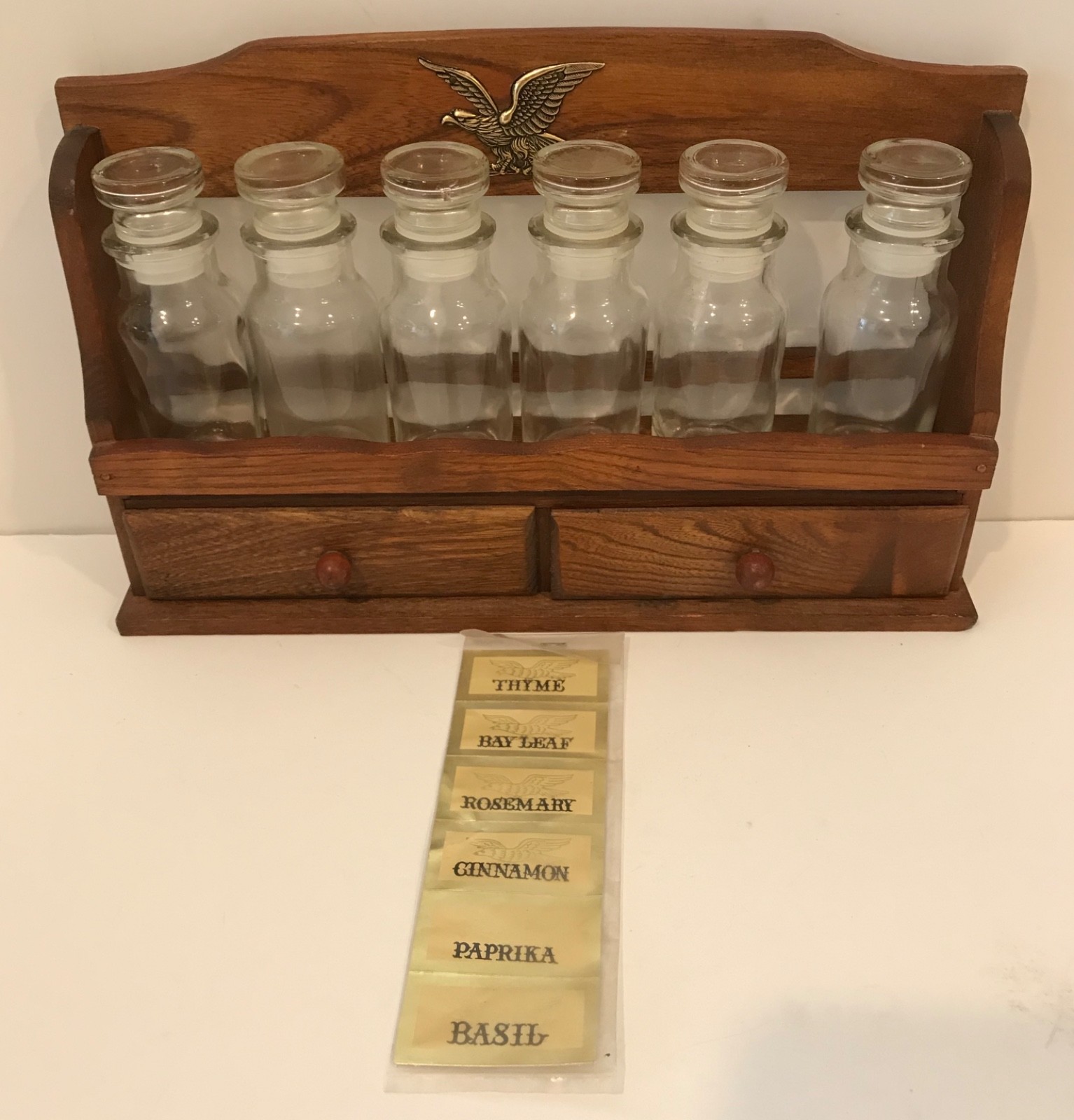 Vintage Made In Japan Wooden Spice Rack 6 Clear Bottles Labels ...