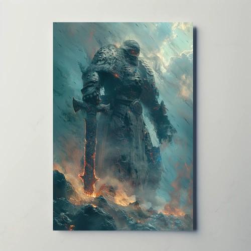 Colossal Stone Warrior in Fiery Fantasy Landscape Poster | eBay