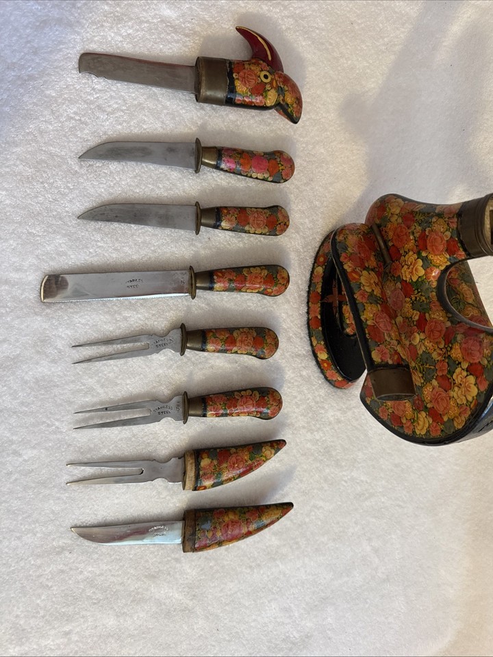 Vintage Hand-Painted Lacquered Rooster Cutlery Set with Holder 8-Piece ...