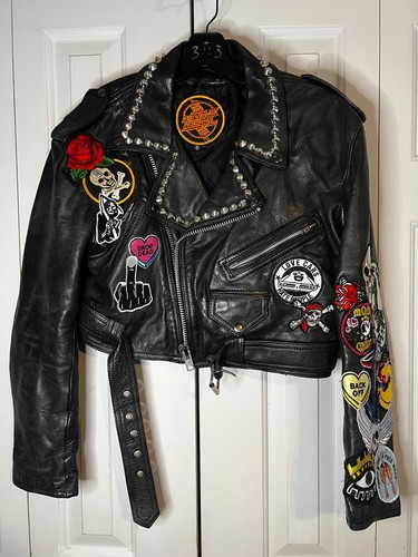 Hazmat Design Embroidered Patch Leather Crop Motorcycle Jacket Studded ...