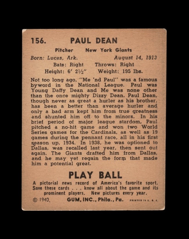 1940 Play Ball Set-Break #156 Daffy Dean LOW GRADE *GMCARDS* | eBay
