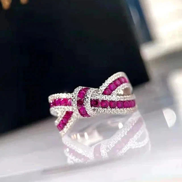 Red Ruby 2Ct Round Lab Created Bow Knot Engagement Ring 14K White Gold ...