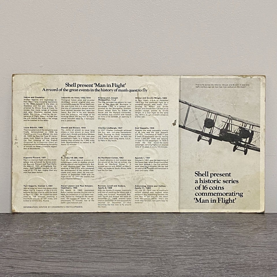 Vintage Shell Man In Flight Coin Set 16 Aviation Commemorative Tokens ...