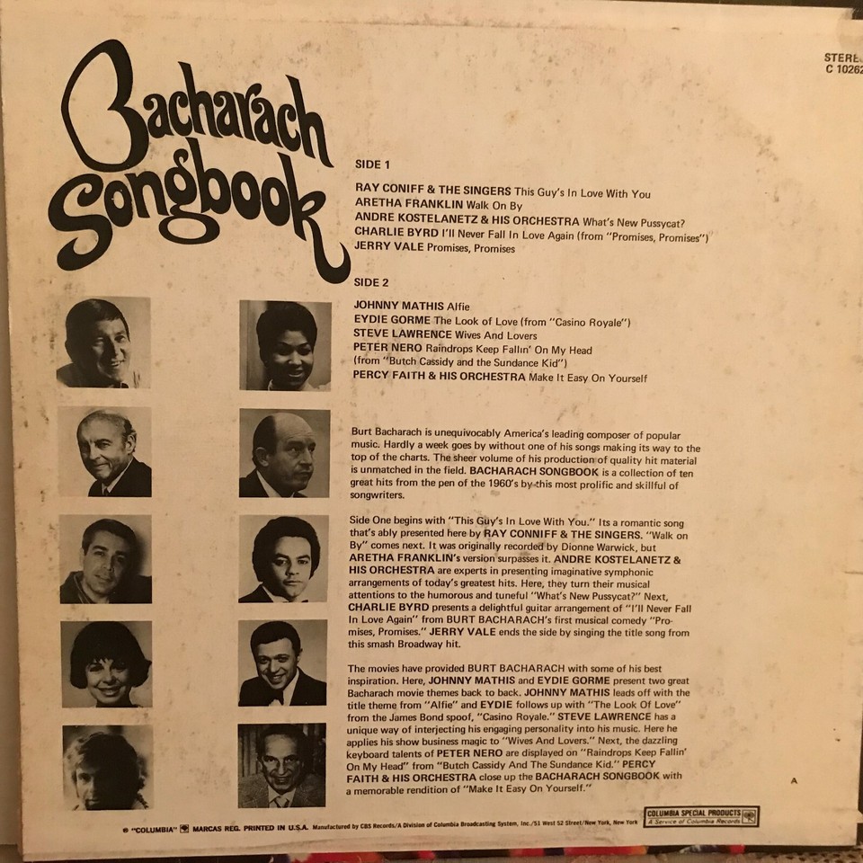 BERT BACHARACH LP SONGBOOK , VARIOUS ARTIST | eBay