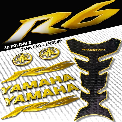 CHROMED GOLD PRO GRIP FUEL TANK PAD+8" LOGO+YZF-R6 FAIRING EMBLEM ...
