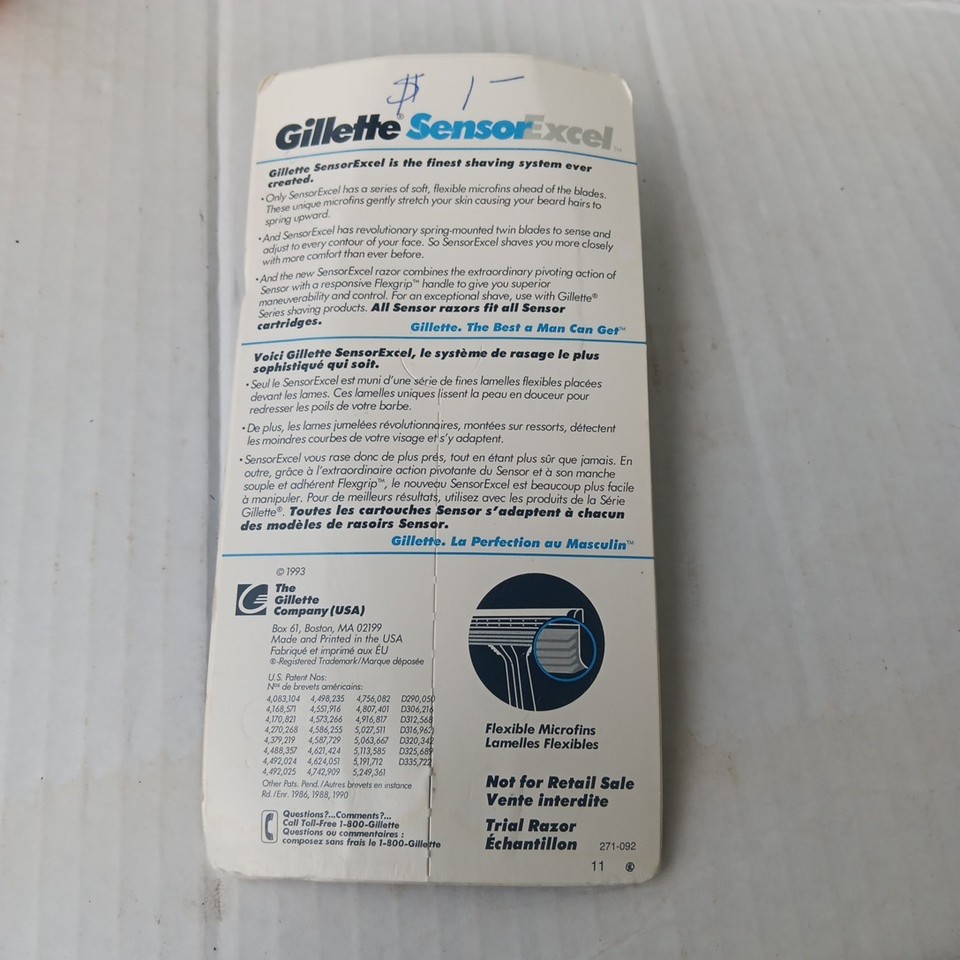 Gillette Sensor Excel 1993 Razor 1 Cartridge Trial Package USA Sealed ...