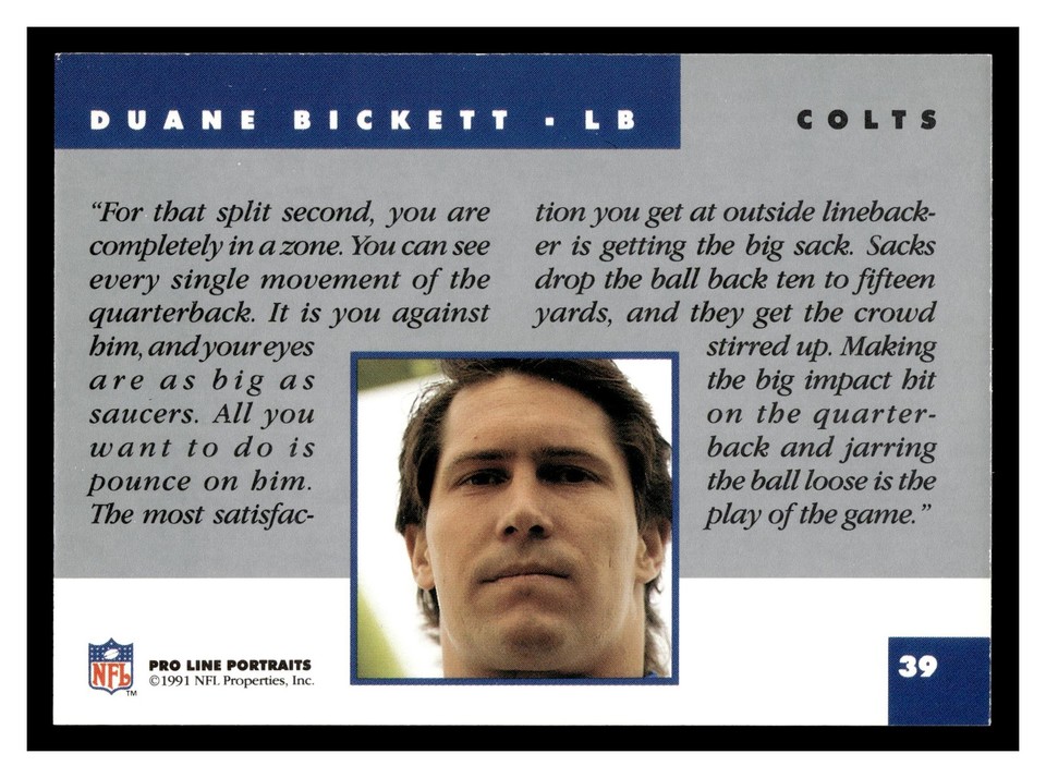 Duane Bickett #39 1991 Pro Line Portraits Indianapolis Colts | eBay