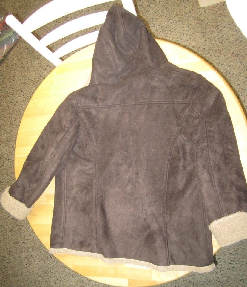 Womens UTEX Hooded Winter Coat - brown faux suede with tan faux ...