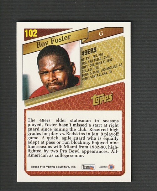 1993 Topps Football Roy Foster Topps Gold #102 San Francisco 49ers | eBay