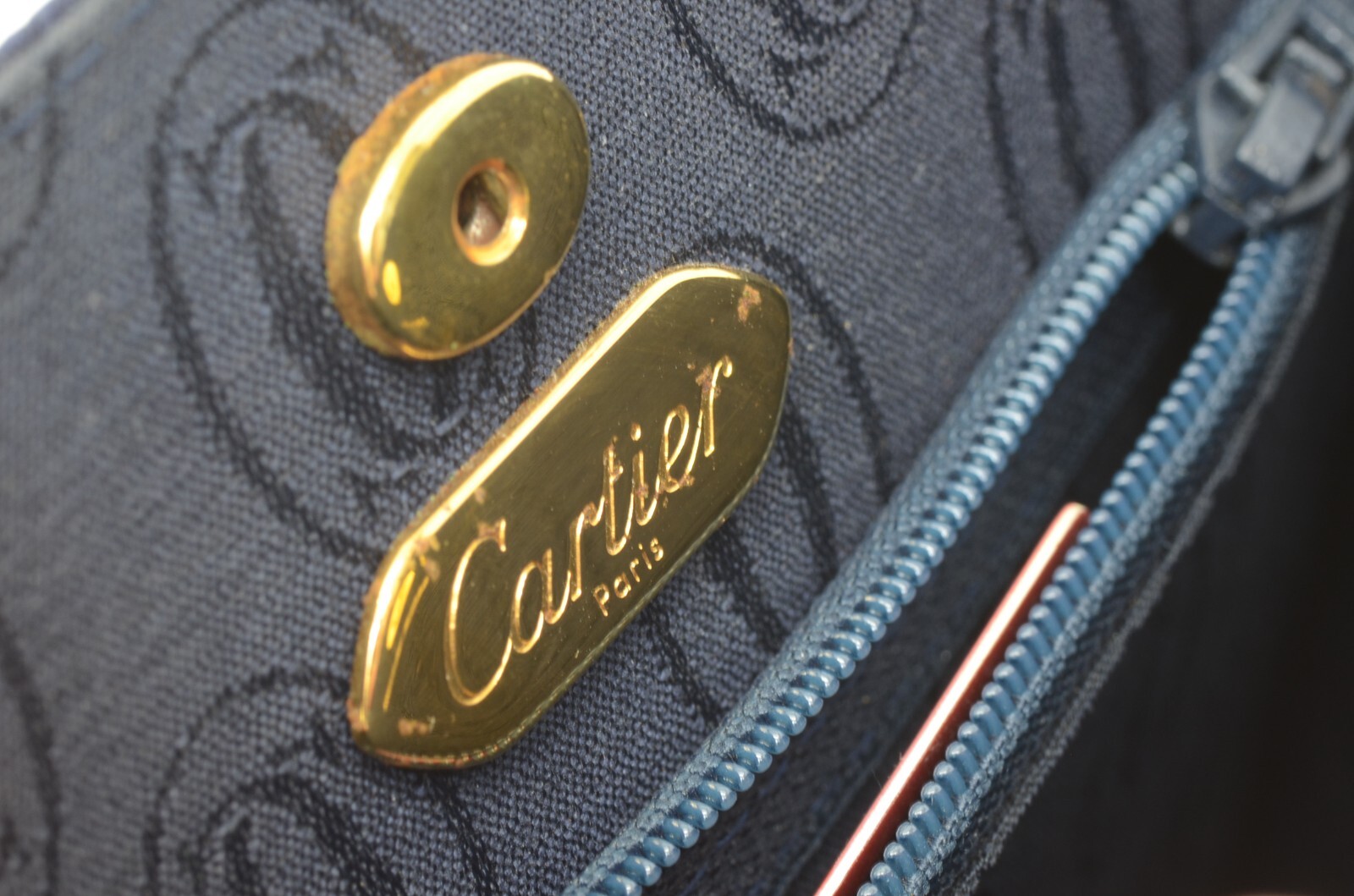 Authentic Cartier Satin Purse Navy GP Logo Vintage Ch… - Gem