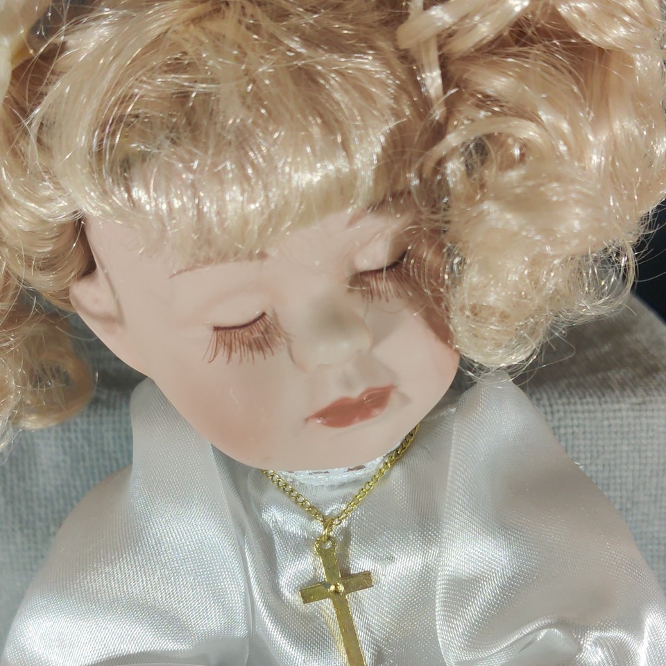 Porcelain Christian Doll in White Dress with Cross Necklace Collectible ...
