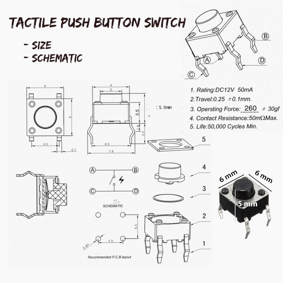 100Pcs 6x6x5mm PCB Momentary Tactile Tact Push Button Switch 4 Pin | eBay
