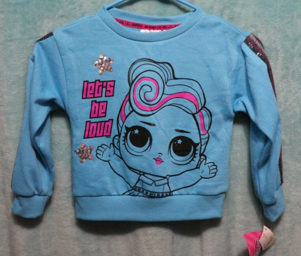 LOL ReMix NEW♈Girl's Printed Sequined Sweat Top size XS~Turq./pink ...