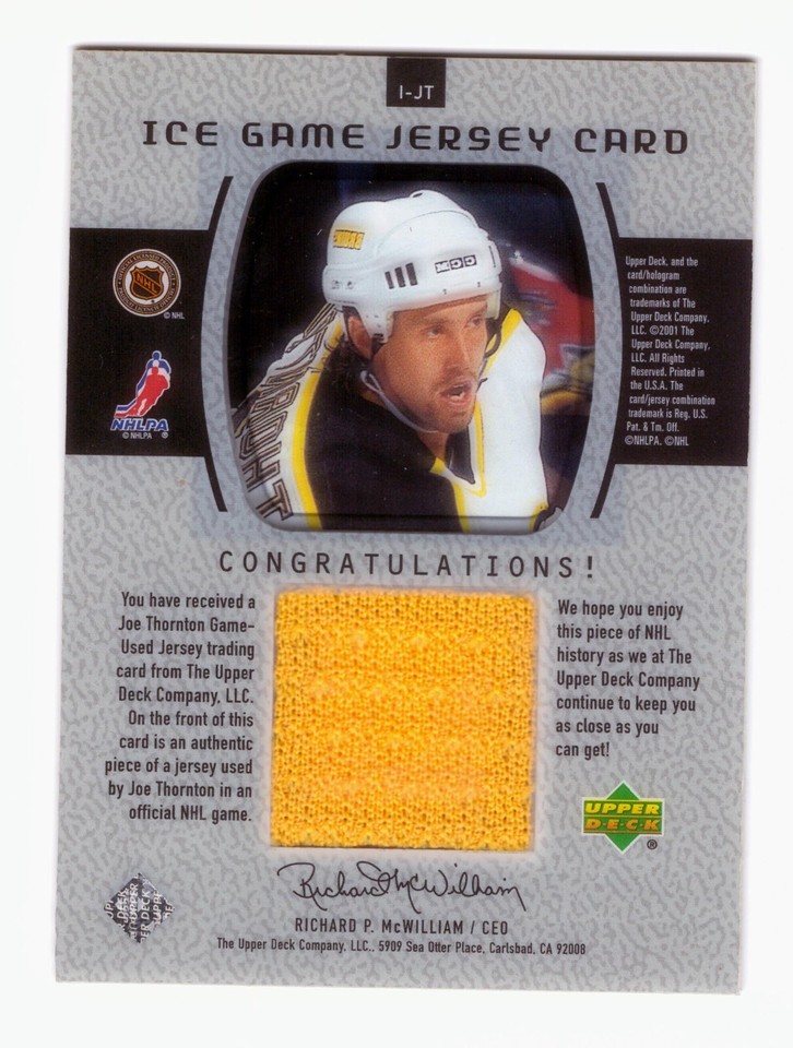 2000-01 Upper Deck Ice Joe Thornton Game Jersey # I-JT Boston Bruins | eBay