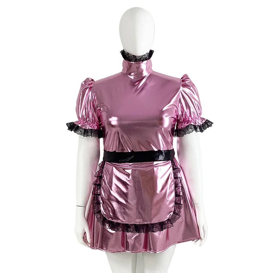 Lockable Shiny Metallic Patent Leather Turtleneck Short Puff Sleeve ...