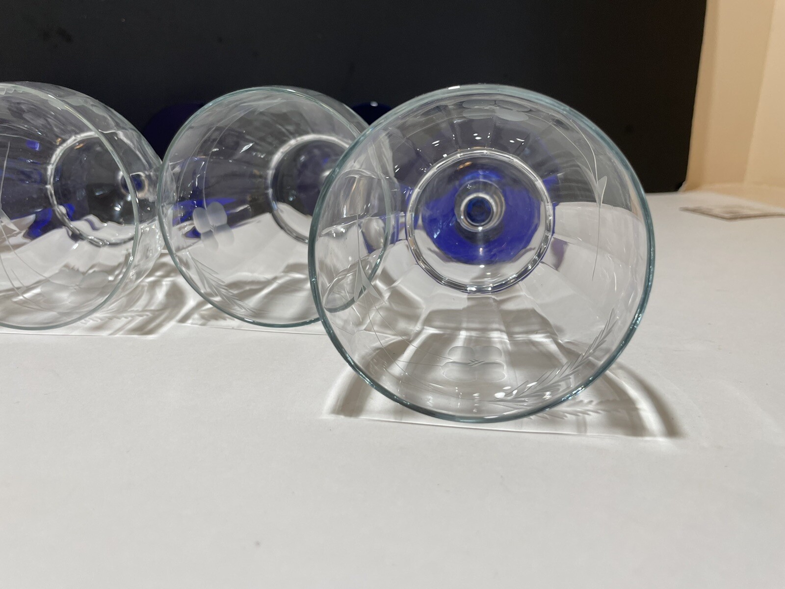 VTG Weston Glass Water Goblets Cobalt Blue Base Fluted Etched Crystal ...