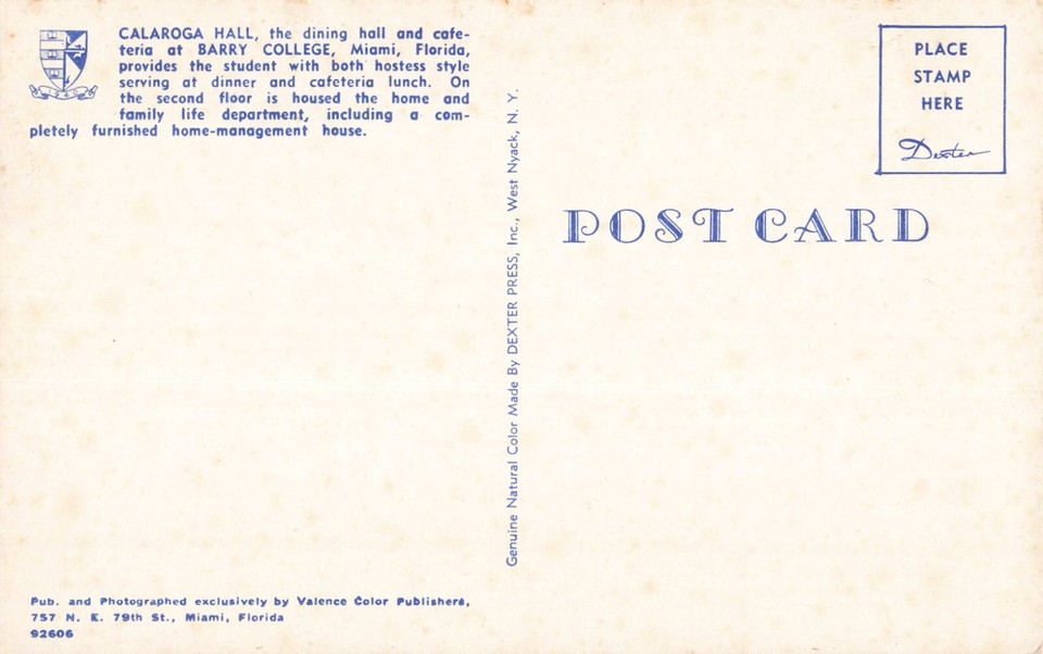 Miami Florida, Calaroga Dining Hall, Barry College, Vintage Postcard | eBay