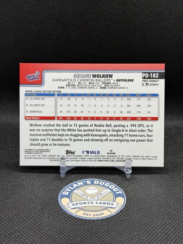 2025 Topps Pro Debut - George Wolkow #PD-182 Autographs (AU, RC) Auto ...