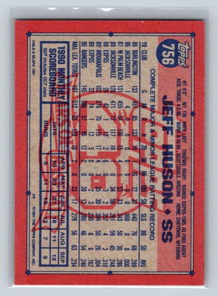 Jeff Huson Autographed 1991 Topps Texas Rangers Rookie Baseball Card ...