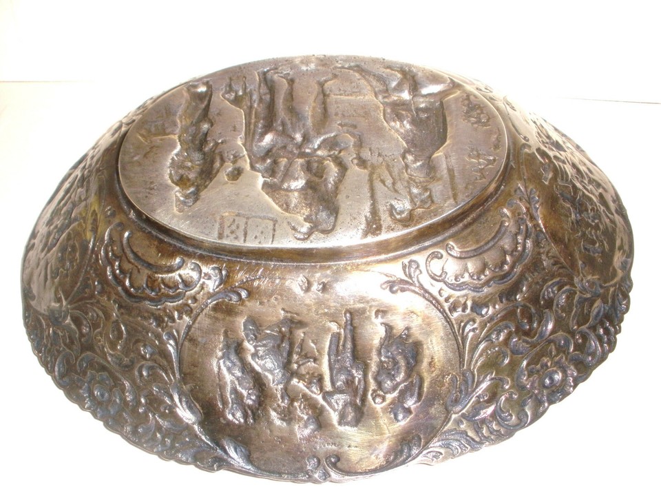 Antique Dutch silver repousse people tavern scenes large bowl hallmarks ...