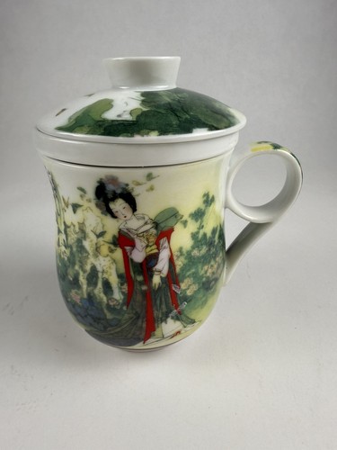 Vintage Chinese Porcelain Tea Mug with Infuser Strainer and Lid Geisha ...