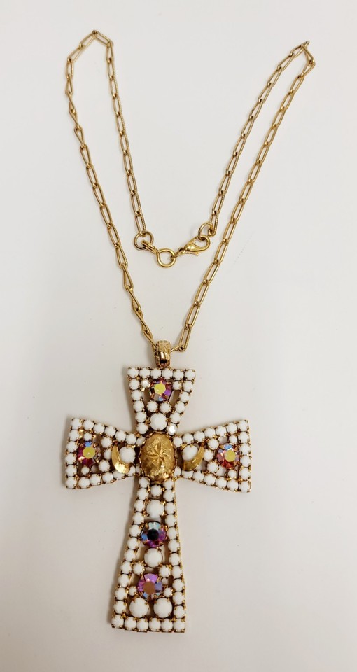 Vintage Alice Caviness Cross Necklace White Milk Glass Pink AB ...