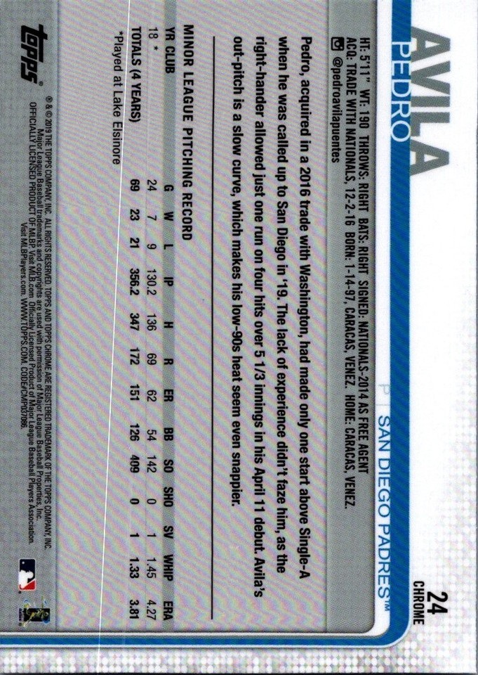 2019 Topps Chrome Update #24 Pedro Avila RC San Diego Padres | eBay