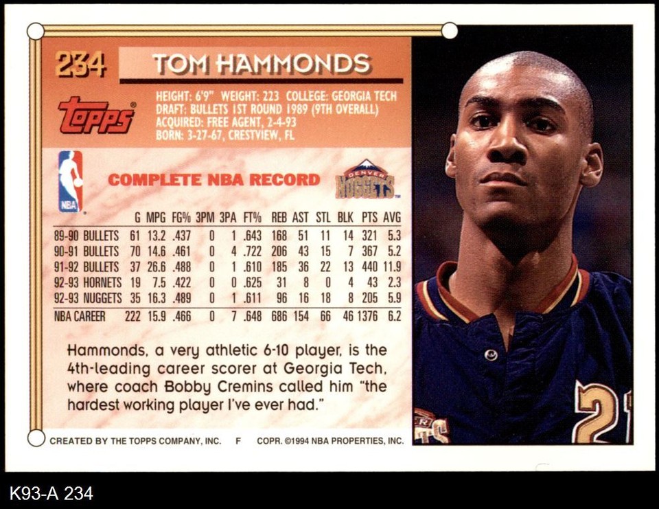 1993 Topps #234 Tom Hammonds Nuggets Georgia Tech 8 - NM/MT | eBay