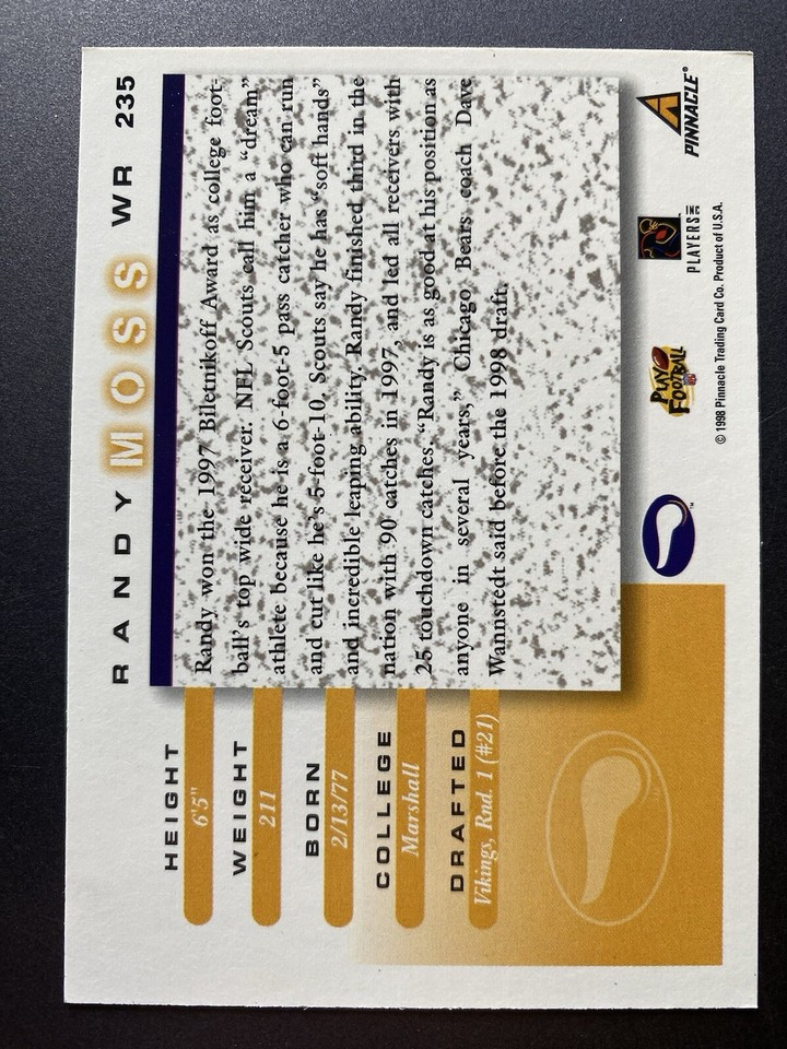 1998 Score #235 RANDY MOSS Minnesota Vikings ROOKIE Football Card RC ...