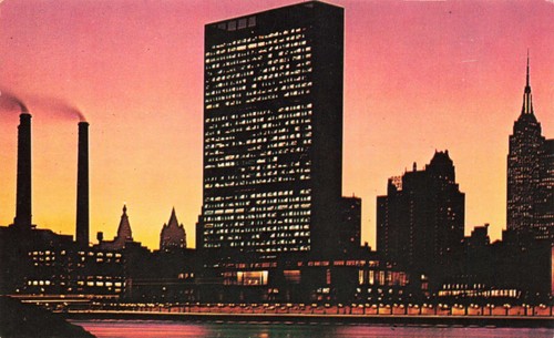 Postcard NY United Nations UN Headquarters Building at Night from the ...