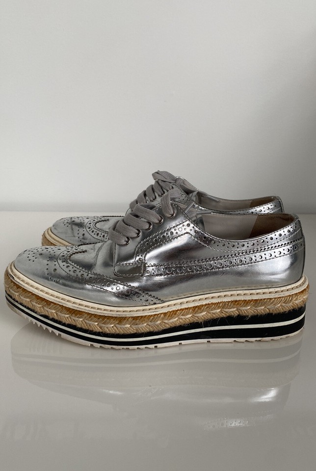 PRADA SS 2011 Silver Leather Brogues Derby Espadrille Creeper Sz 37/US ...