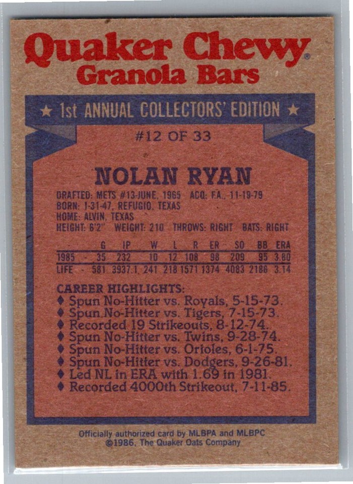 Nolan Ryan 1986 Topps Quaker Granola #12 Houston Astros HOF | eBay