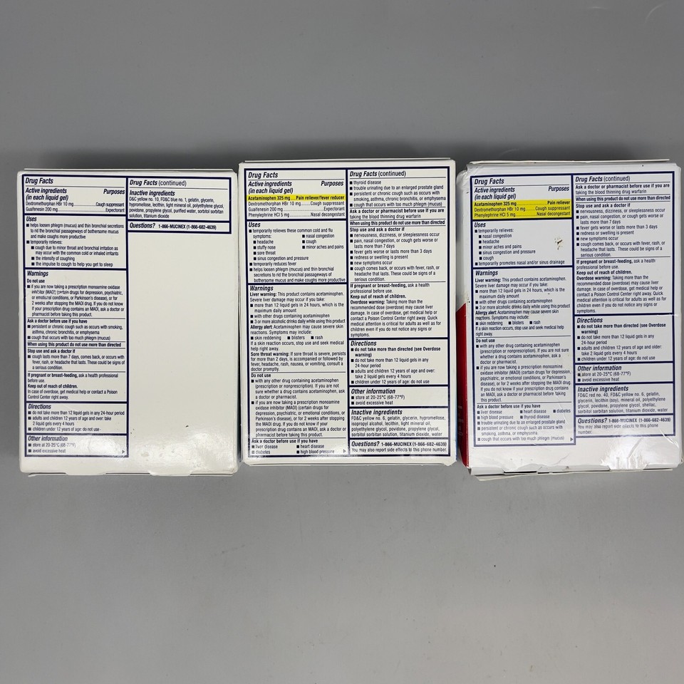 Mucinex !MIXED LOT! Cold & Flu Cough & Chest Sinus Max 16 Liquid Gel ...