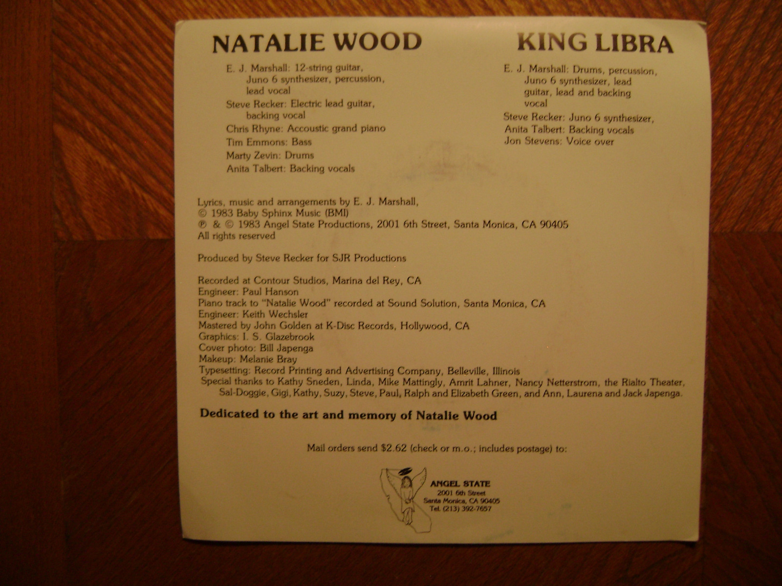 ANGEL STATE 45 RECORD/EJ MARSHALL/NATALIE WOOD/KING LIBRA/NR MINT VINYL ...