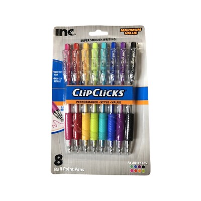 Clip Clicks Ball Point Pens (8 pack) Variety Assorted Inks 1.0mm By INC ...