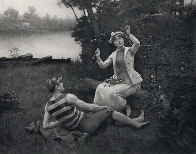 Jules Scalbert 1800s Antique Print "The Couple Resting by the Lake ...