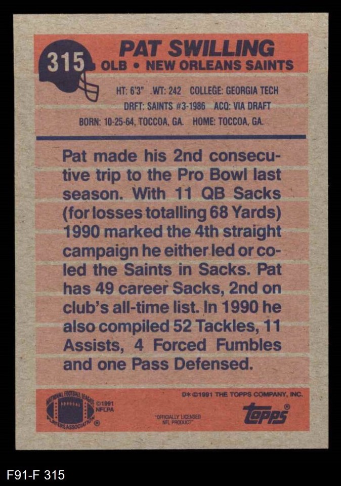 1991 Topps #315 Pat Swilling Saints Georgia Tech 8 - NM/MT | eBay