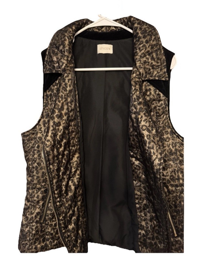 Chicos Vest Women's Velveteen Leopard Print Puffer Metallic Sparkle ...
