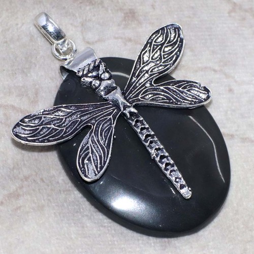 925 Silver Plated Cap Silver Obsidian Dragonfly Pendant Gemstone 2.4 ...