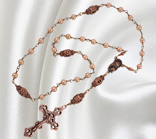 Unbreakable Handmade Anglican Rosary, Rose Gold Pearls & Copper Tone ...