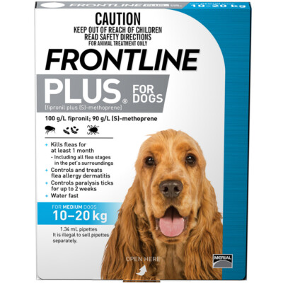 Frontline Plus Medium Dog 10-20kg Blue Topical Tick & Flea Control 3 ...
