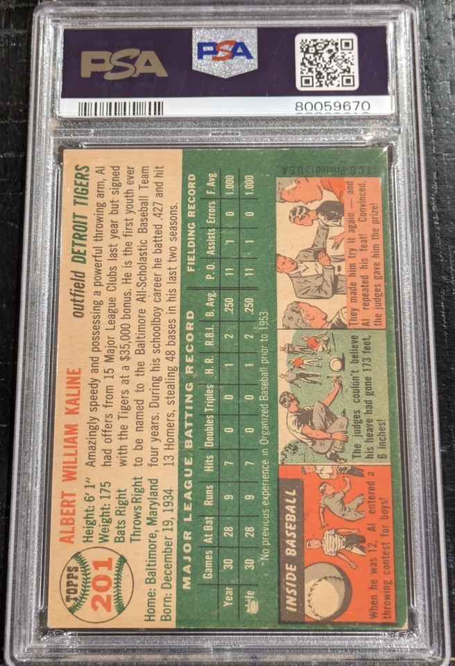 1954 Topps Al Kaline ROOKIE PSA Authentic Altered Detroit Tigers #201 ...